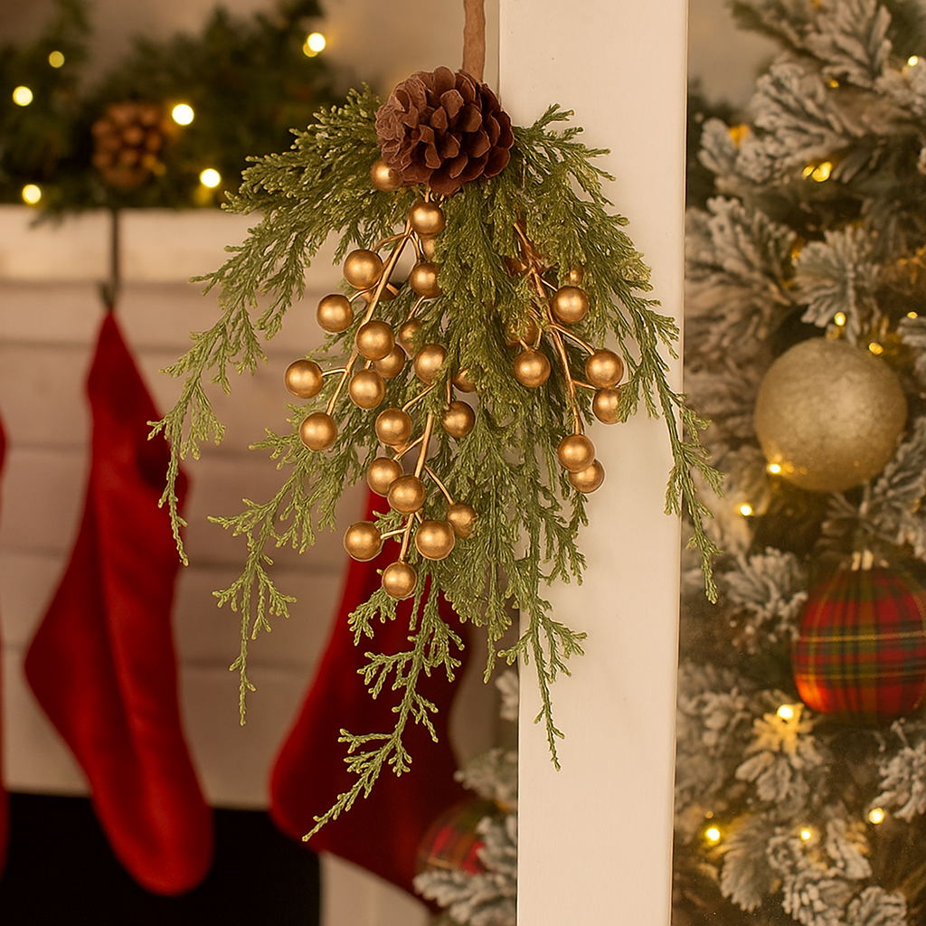 Green Pine Drop with Gold Berries 40cm