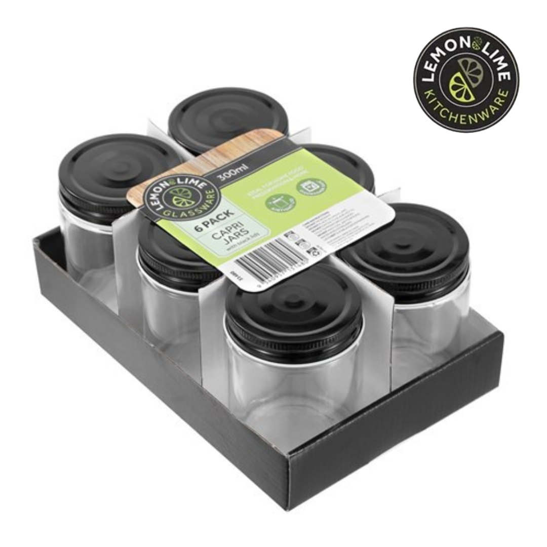 Lemon and Lime Capri Glass Preserve Jar Black Lid 300ml 6pk