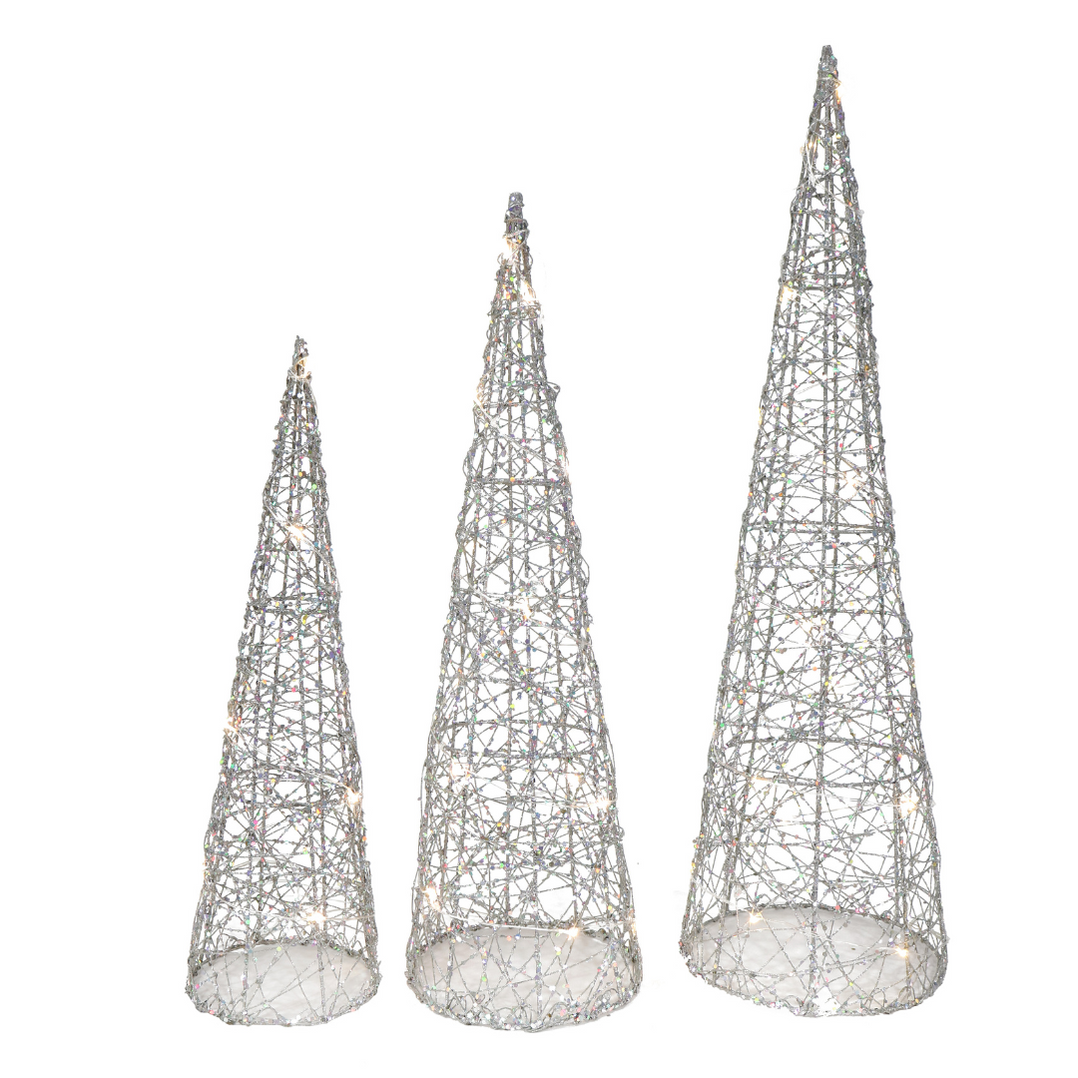 Light Up Glitter Wire Cone Tree 3Pc Set Assorted
