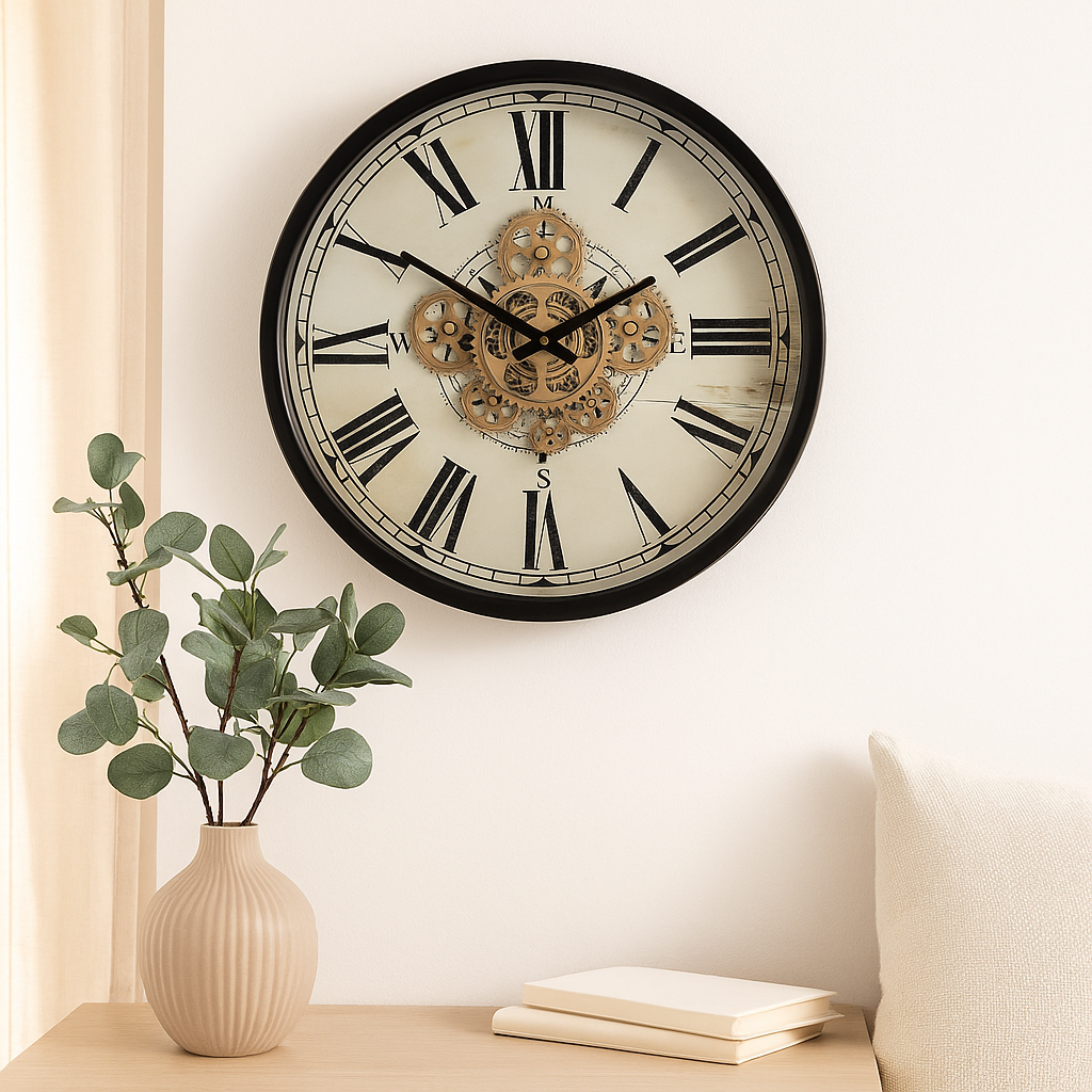Round Compass Moving Cogs Wall Clock 46cm Black with Natural — Ronis