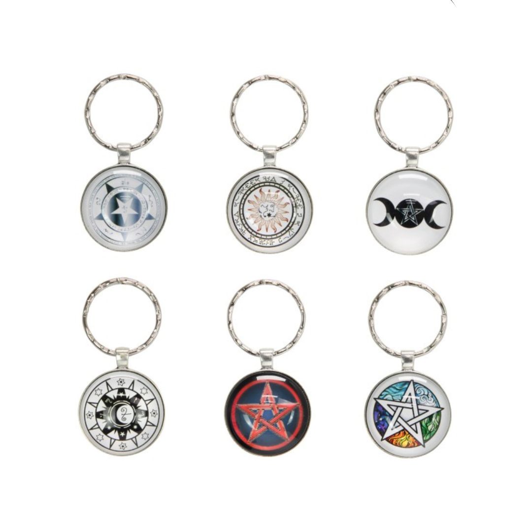Round Glass Key Ring with Wiccan Design 3cmD Assorted