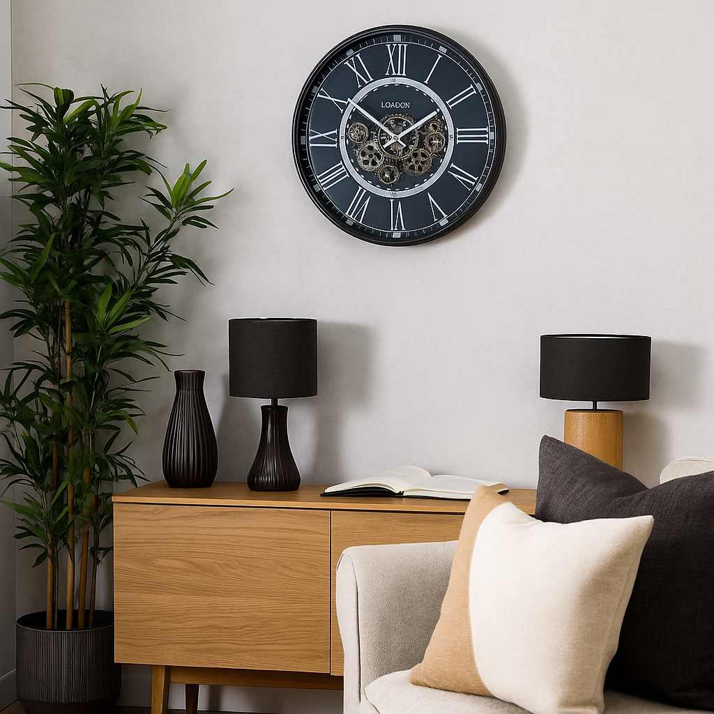 Round London Modern Exposed Gear Clock 54cm Black