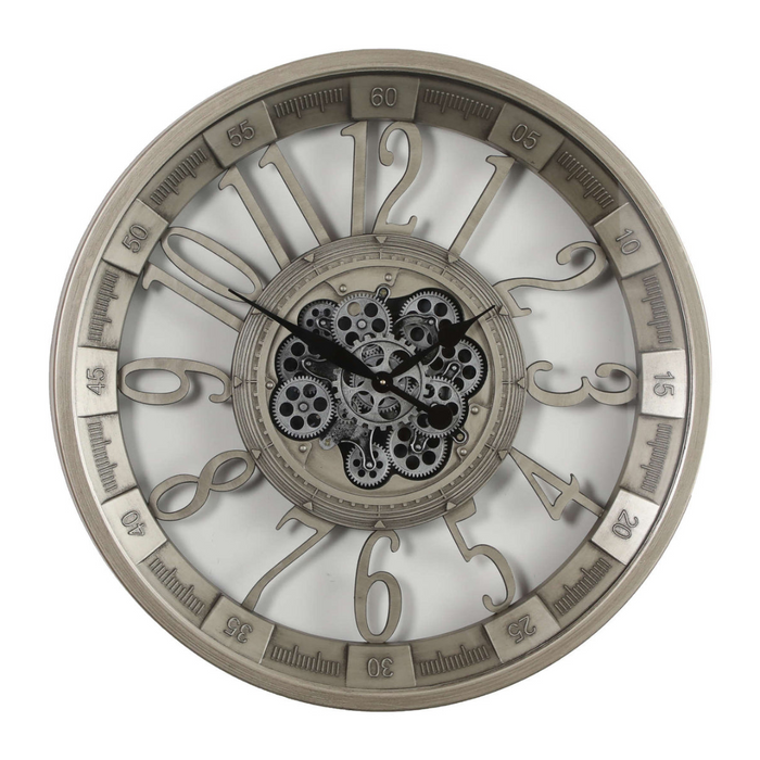 Wall Clock Round Maurice Industrial Moving Cogs Silver 80cm