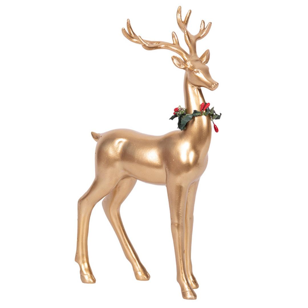 GOLD STANDING REINDEER POLYRESIN 18X9.5X30CM