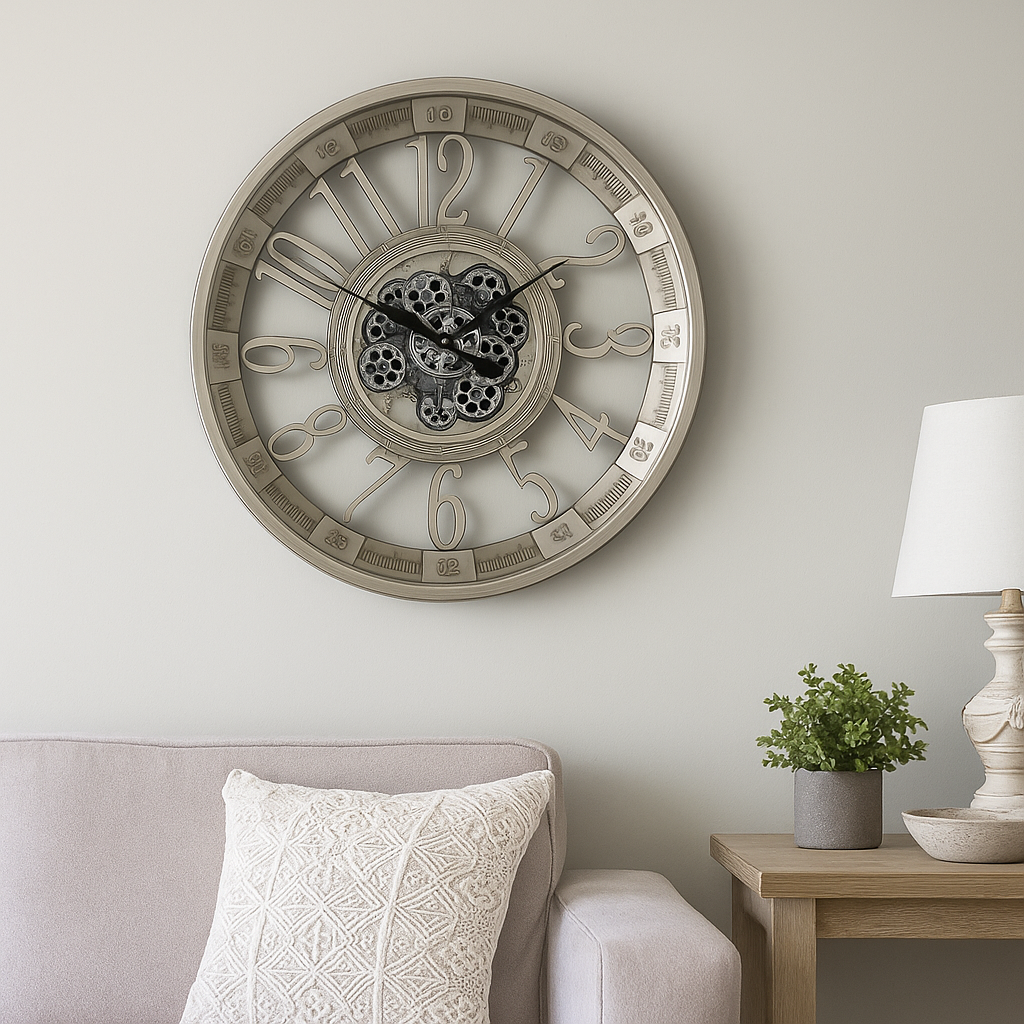 Wall Clock Round Maurice Industrial Moving Cogs Silver 80cm