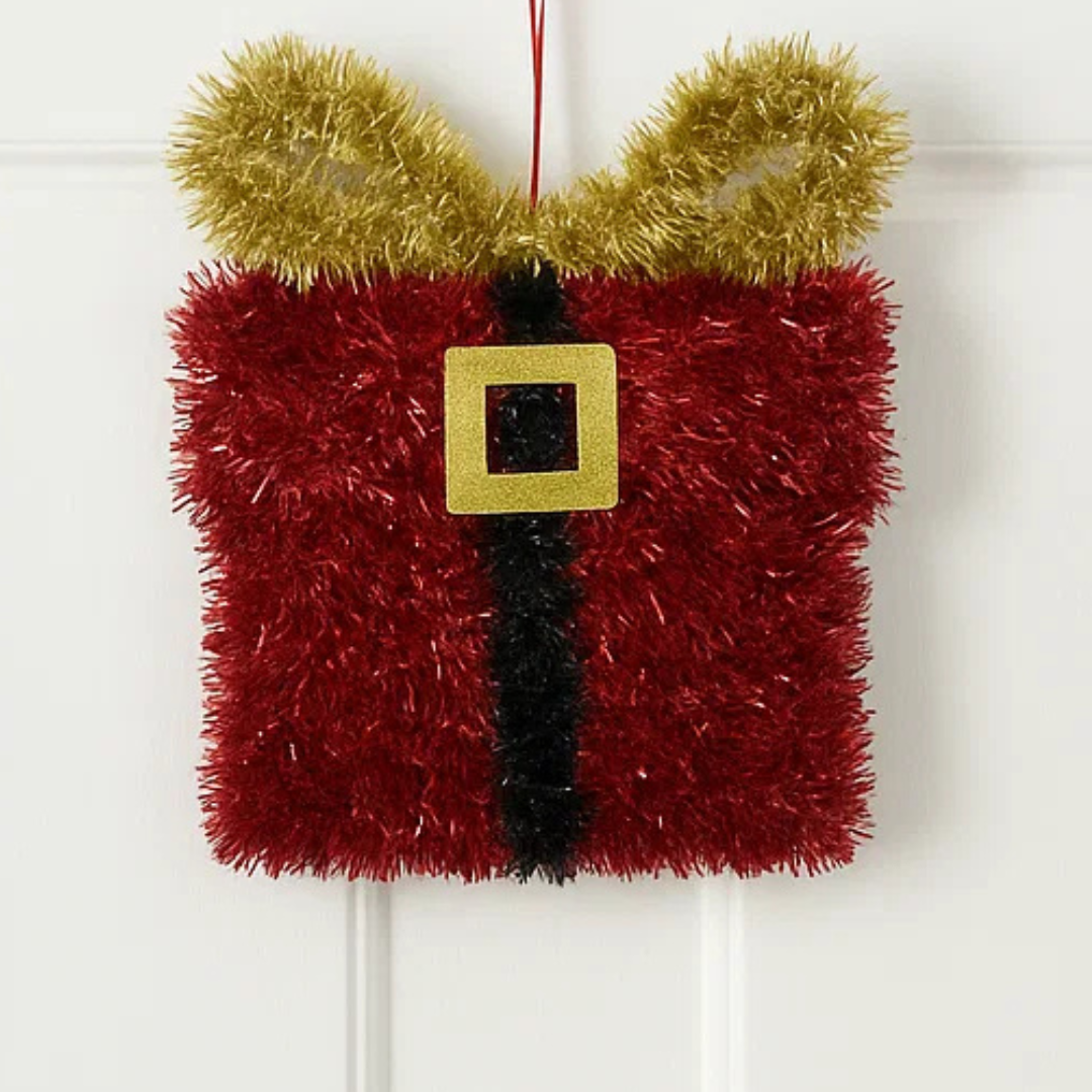 Tinsel Present Plaque 30cm / Festive Christmas Wall Decoration — Ronis