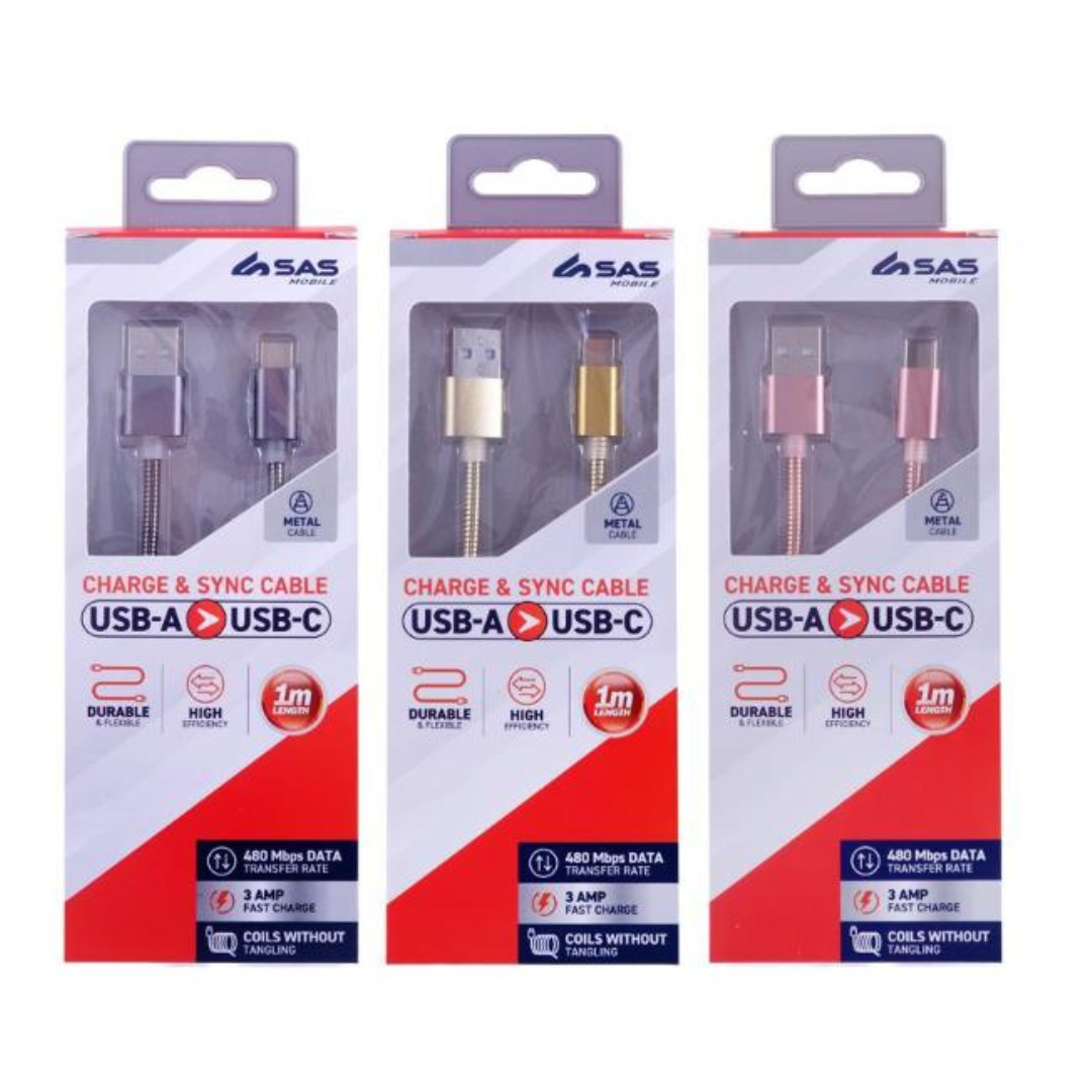 Charge & Sync USB A to Type C Metal Cable 3 Asstd